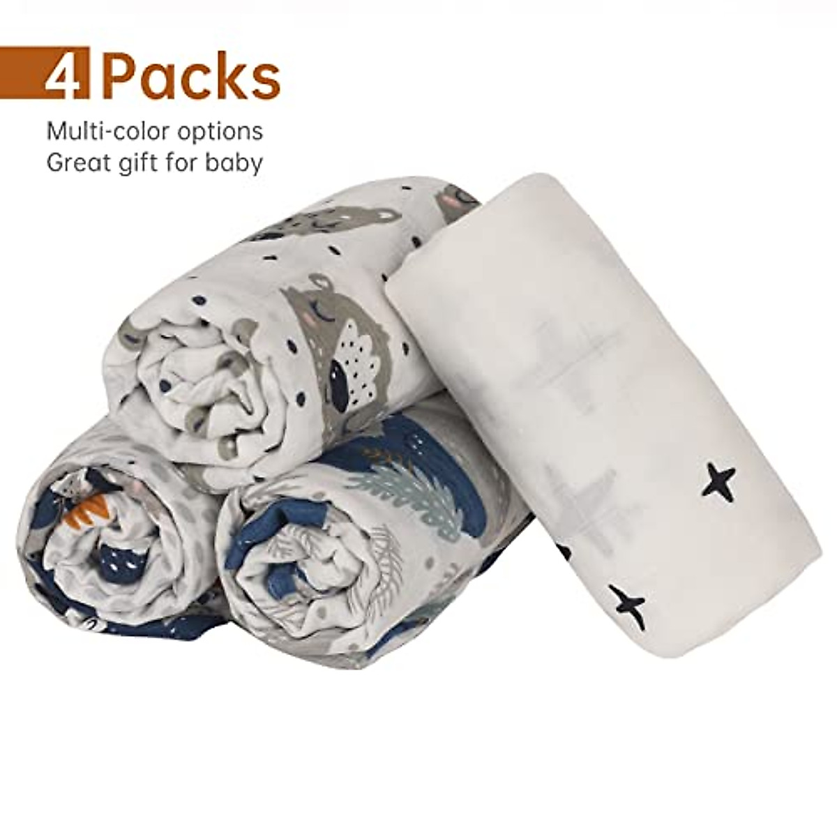 Viviland Muslin Baby Swaddle Blankets, Bamboo Cotton Soft Nursery Swaddle for Newborn Boys and Girls, Gender Neutral Receiving Blankets for Infants, Raccoon & Fox Pattern, 47 * 47 inches 4 Pack