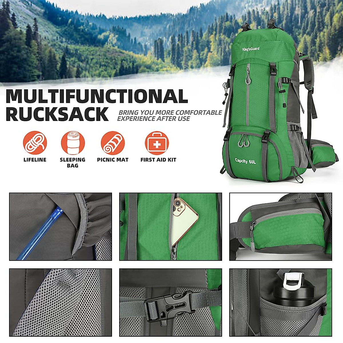 FreeKnight 60L Waterproof Lightweight Hiking Backpack Outdoor Sport Daypack with Rain Cover Camping Travel Bag for Climbing Fishing Men Women, Green