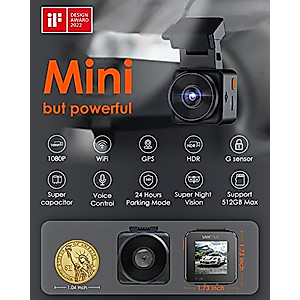 Vantrue E1 Lite 1080P WiFi Mini Dash Cam with GPS and Speed, Free APP, Voice Control Front Car Dash Camera, 24 Hours Parking Mode, Night Vision, Motion Detection, Loop Recording, Support 512GB Max