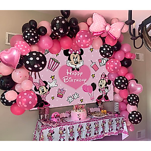 Pink Mouse Birthday Backdrop 6x4ft and Pink Mouse Color Balloon Garland Kit,116 pcs Pink Black Dot Balloon Arch with Pink Bow Balloons for Girls Mouse Theme Birthday Baby Shower Party Supplies