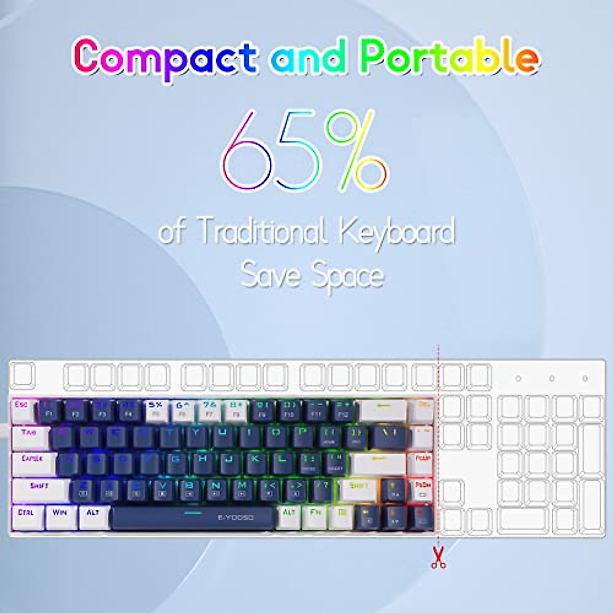HUO JI 65% RGB Gaming Keyboard, E-YOOSO Z-686 Wired 68 Keys Mechanical Keyboard, Linear Red Switches, Pro Software Supported, Detachable USB-C Cable, Separate Arrow Keys - Blue/White