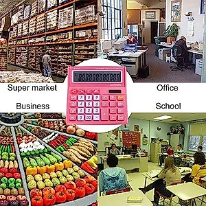 Office Desk Calculator 12 Digits with Solar Power and Easy to Read HD LCD Display, Big Buttons, for Financial Affairs,Home, Office, School, Class and Business,with Battery，Pink