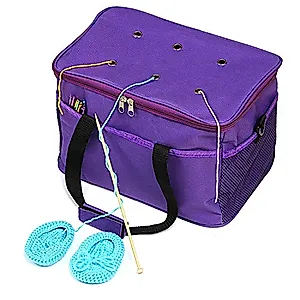 Knitting Bag, LEMESO Yarn Tote Storage Organizer Portable Individual Compartments & High Capacity for Carrying Unfinished Project Crochet Hooks Needles Accessories Purple