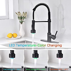BZOOSIU Kitchen Faucet with Pull Down Sprayer, 17.65 inch Solid Brass Commercial Spring Single Handle LED Kitchen Sink Faucet for Farmhouse Camper Laundry Utility Rv Bar Sinks, Matte Black