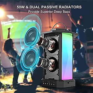 Ortizan Outdoor Bluetooth Speakers, 50W Loud Wireless Waterproof Lantern Speaker, Deep Bass/Hi-Fi/RGB Lights/IPX5/40H Play/EQ/DSP/Power Bank/USB/TF/AUX, Up to 100 Speakers Synch for Party Patio Garden