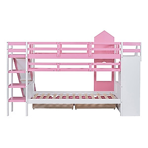CITYLIGHT Castle Bunk Bed Twin over Twin,Wooden Bunk Beds with Slide and Storage Stairs,Space Saving Twin Bunk Bed with 2 Drawers and 3 Shelves,Kids Bunk Bed for Girls Boys,Pink