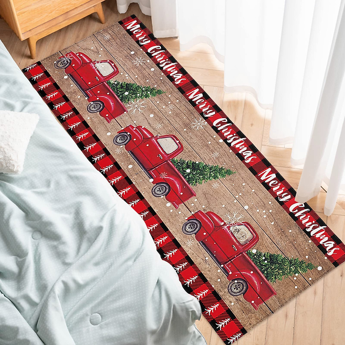 Libaoge Merry Christmas Kitchen Rugs and Mats Set of 1 Red Truck Pull Xmas Tree on Rustic Wood Grain Kitchen Sink Mat,Non-Slip Area Runner Rug,Washable Floor Mat for Home Dining Room Office 15"x47"