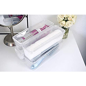 AB Designs Bin Pack, [6] Long Home Organizer Storage Boxes with Lids, Translucent Clear