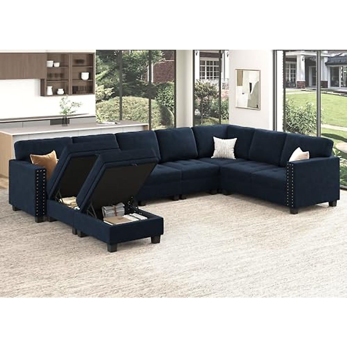 HONBAY Velvet Convertible Sectional Sofa with Storage Ottoman Oversized U Shaped Couch with Reversible Chaise Corner Sectional Sofa, Dark Blue