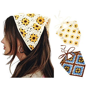 GERINLY 2 Pack Vintage Hair Bandana Boho Crochet Head Kerchief with String 70s Headbands Cottagecore Style Accessories Daisy Pattern (E-CoffeeBeige)