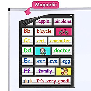 Auchq Magnetic Pocket Chart,Standard Pocket Chart with 7+1 Pockets,14 Double-Sided Dry-Eraser Cards for Daily Schedule,Class Demonstrations,Classroom Office Home Activities (Black)