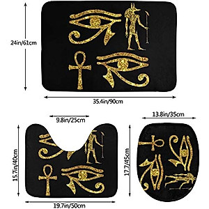 Ancient Egyptian Ankh Gold Bathroom Antiskid Pad Set 3 Piece Bath Mat,Water Absorption Contour,Toilet Lid Cover