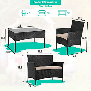 Dopinmin 4 Piece Patio Furniture Set, Outdoor Furniture Set Patio Wicker Conversation Set Bistro Sets Sectional Sofa Set for Lawn Backyard Pool Garden,Black Rattan & Khaki Cushion