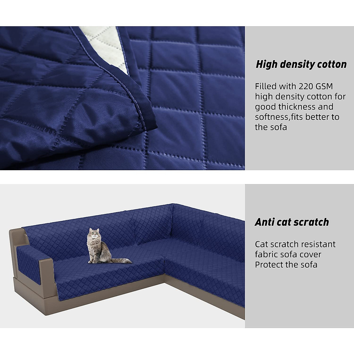 Arfntevss Corner Sectional Couch Covers 3-Piece Water Repellent L Shape Sofa Cover Set Quilted Anti Slip U-Shaped Sofa Slipcovers Living Room Furniture Protector for Pet Dog Cat (Navy Blue, Large)