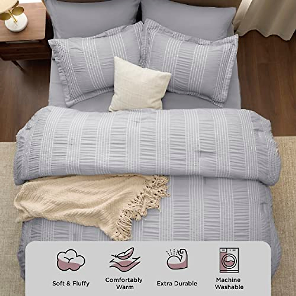 Bedsure Full/Queen Comforter Sets, 7 Pieces Bed in a Bag - Stripes Seersucker Bedding Set with Comforter, Flat Sheet, Fitted Sheet, Pillow Shams, Pillowcases