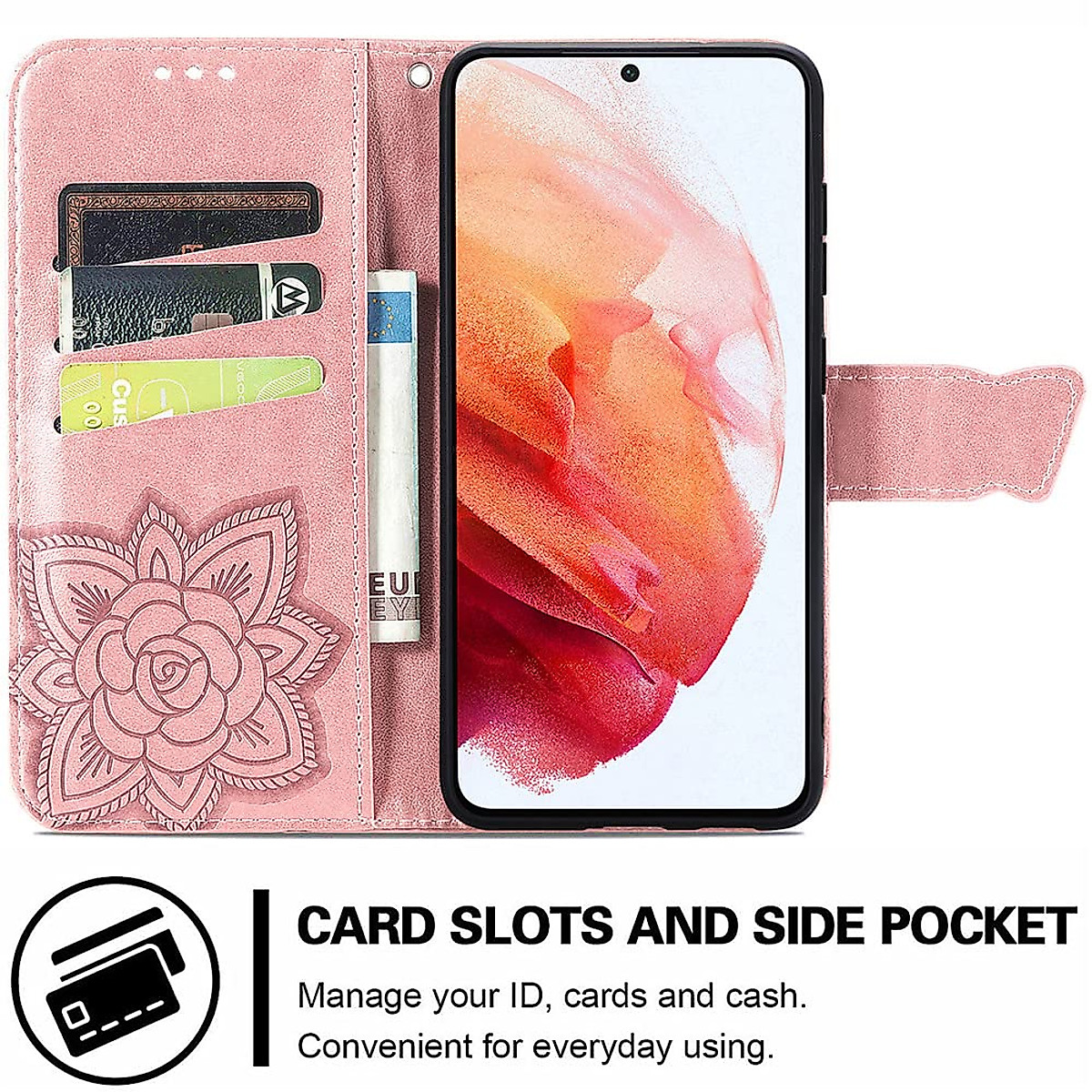 ROPIGO for Samsung Galaxy S21 FE 5G Wallet Case, Embossed Butterfly Premium PU Leather [Kickstand] [Card Slots] [Wrist Strap] [6.4 inch] Phone Cover for Samsung S21 FE (A1-Rose)