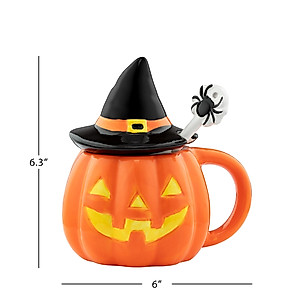 Mr. Halloween Ceramic Jack O Lantern Coffee Mug with Spoon | Trick or Treat Tea Cup with Lid, Orange, 18 Ounces