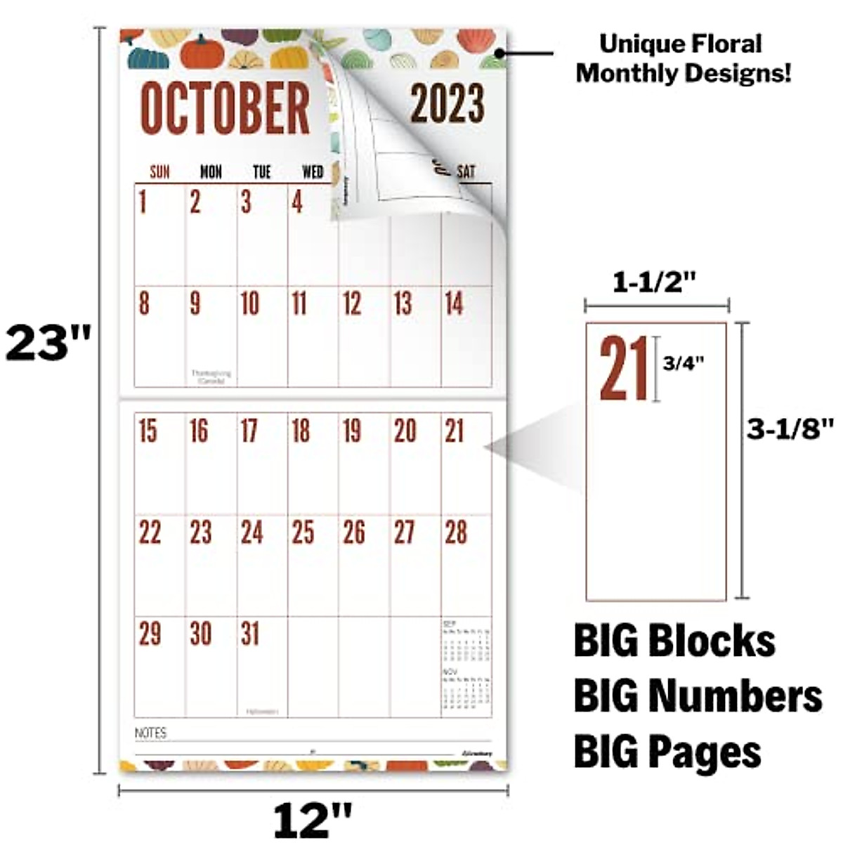 CRANBURY Large Print Wall Calendar 2023 - (Seasons, 12x23" Open), Colorful Designs, Big Numbers, Big Grid Calendar 2023, Low Vision Calendar, Non-Glossy Paper, Includes Stickers