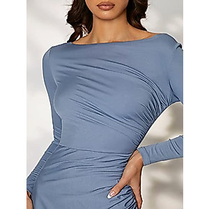 Floerns Women's Solid Boat Neck Long Sleeve Ruched Side Party A Line Long Dress Dusty Blue M