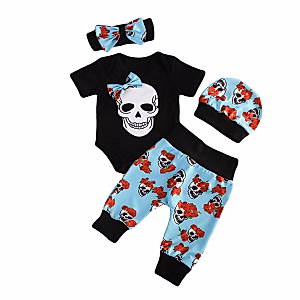Yuemengxuan 4PCS Infant Newborn Baby Boys Girl Skull Romper+Pants+Hat+Mitten or Headband Halloween Clothes Outfit Set (Black+Blue, 0-6 Months)