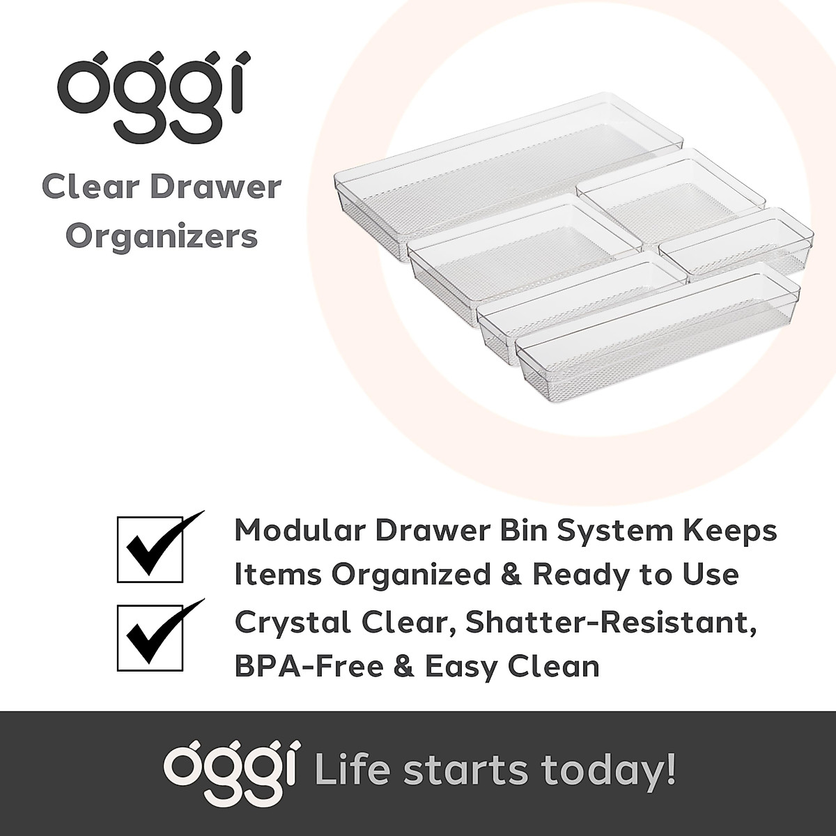 Oggi Clear Drawer Organizer - 6" X 15" (Set of 6) - Ideal for Organizing Kitchen Drawers, Office, Desk, Silverware, Kitchen Utensils, Cosmetics and Bathrooms