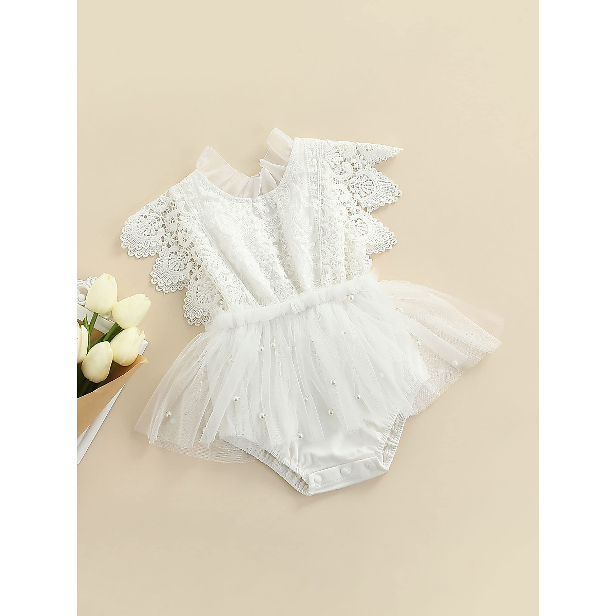 Newborn Infant Baby Girl Lace Ruffle Sleeve Romper Dress Sleeveless Jumpsuit Tutu SkirtPrincess Outfit (White, 0-6 Months)