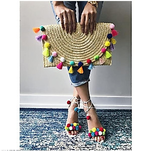Straw Pom Pom and Tassel Clutch - Fashion Bag for Summer Large
