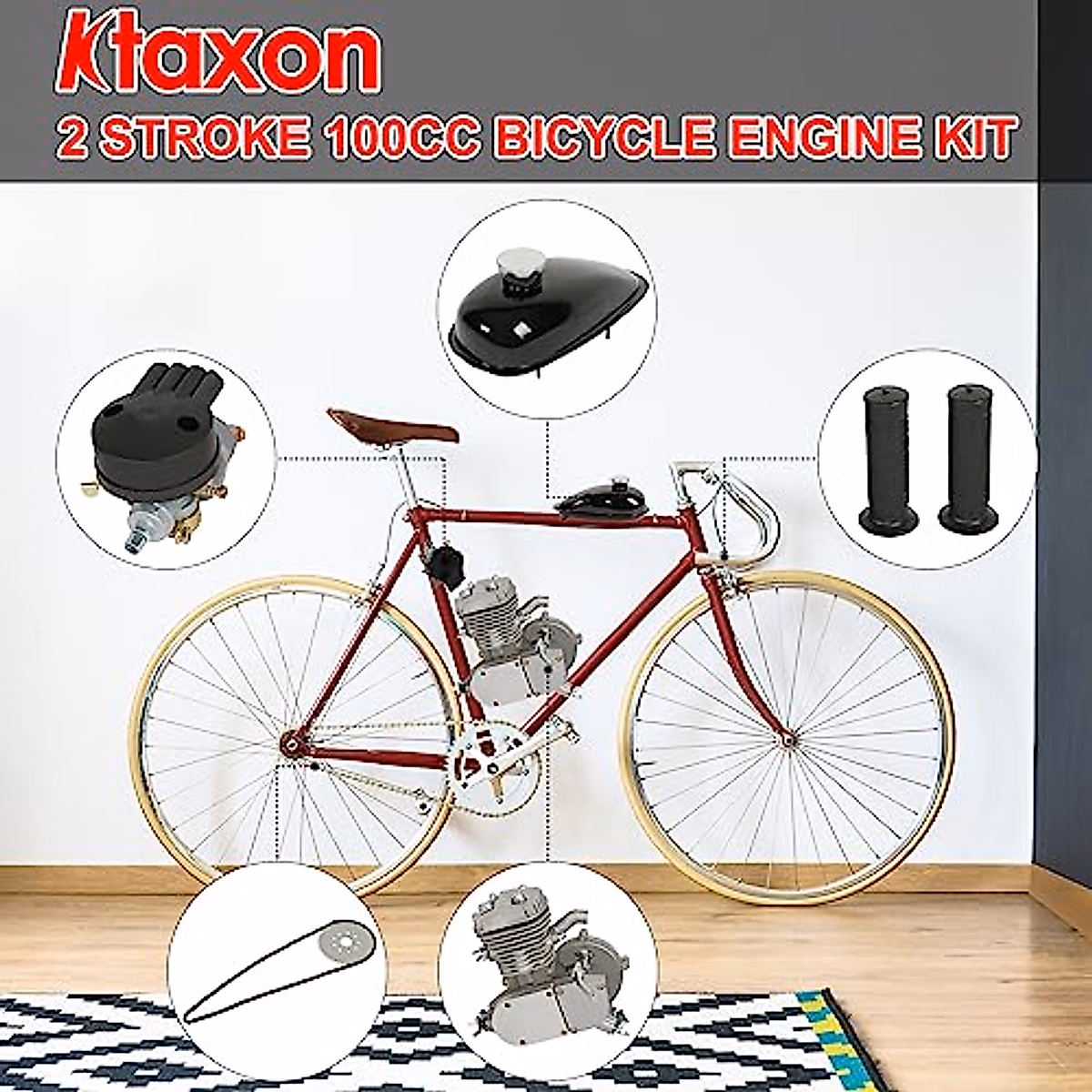 Ktaxon 100cc Bicycle Engine Kit, 2 Stroke Bike Engine Kit, Gas Bike Conversion Kit with Super Fuel-efficient, Powerful Engine for 26-28" Bikes (Silver)