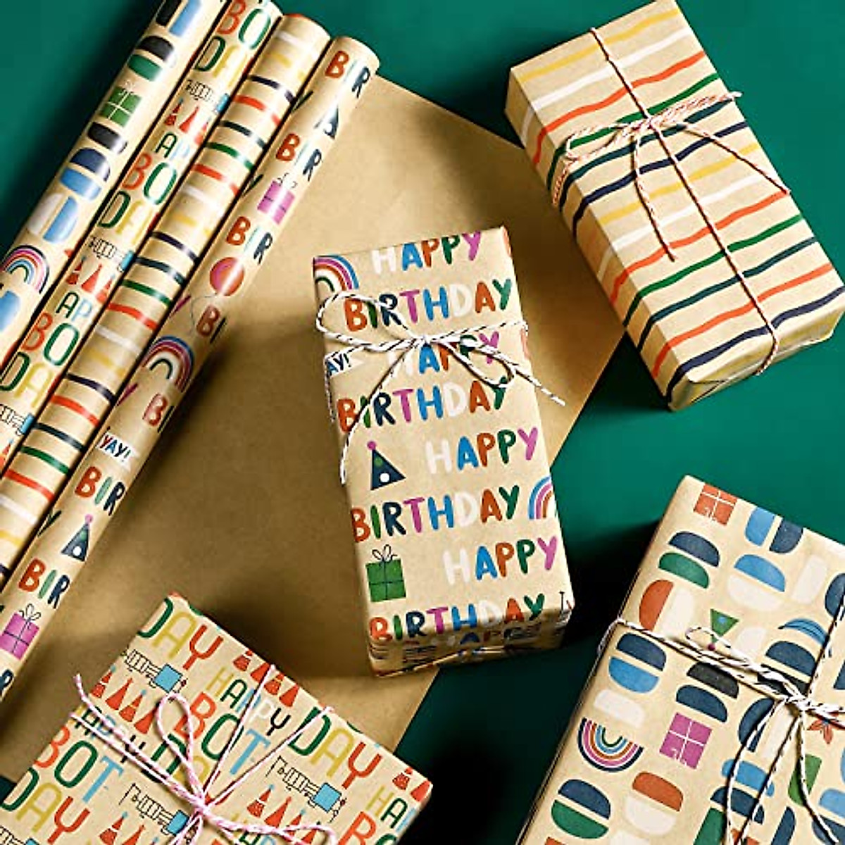 Packanewly Brithday Kraft Wrapping Paper Sheet - 6 Sheets Different Design Reversible Gift Brown Wrap Paper - 17.5 x 30 inches per Sheet