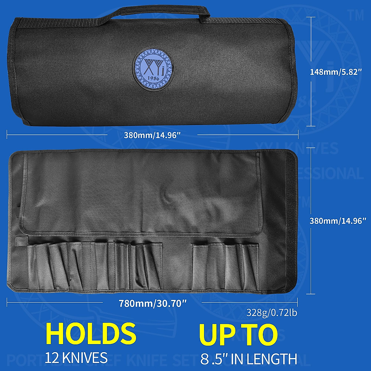 XYJ Kithcen Knife Roll Bag (13 slots) Holds 12pcs Knives and Sharpener Rod Chef Cooking Portable Durable Storage Pockets Black Roll Bag Carry Case Bag (Knives Not Included)