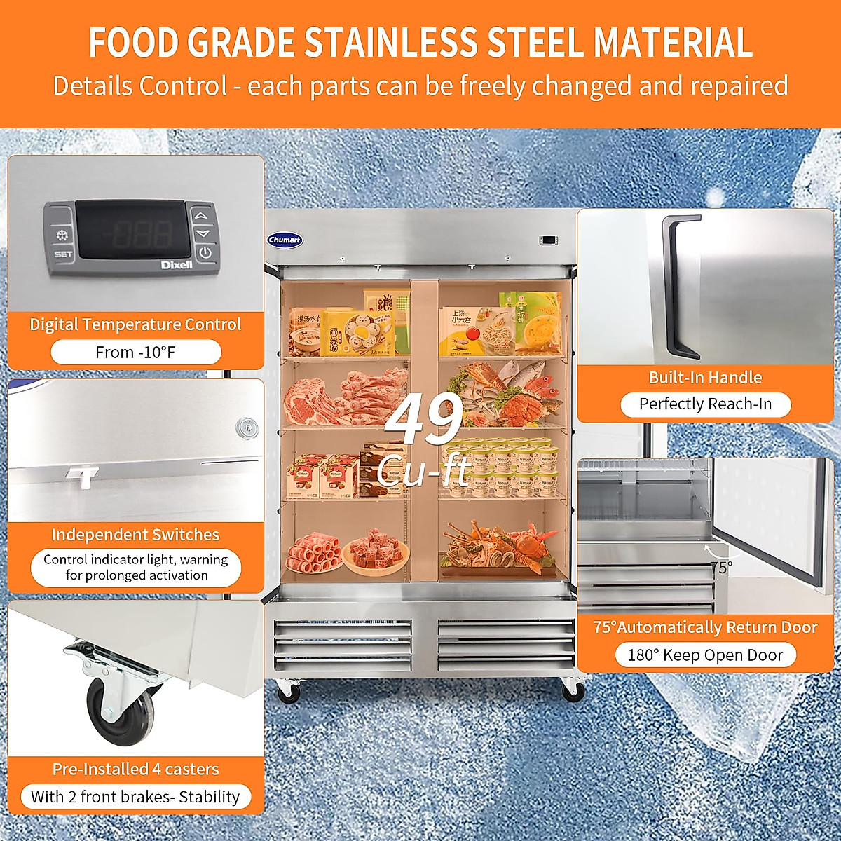 CHUMART 54" W Commercial Freezer with 2 door Stainless Steel 49 Cu. Ft Reach-in Freezer 6 Adjustable shelves Fan Cooling Freezer for Restaurant, Commercial Kitchen, Shop, ETL Certification