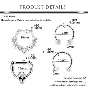Hoeudjo Septum Clicker Rings 16G Surgical Steel Nose Hoop Rings Retainer Body Piercing Jewelry with Clear CZ Women Men Skull Daith Helix Tragus Lip Cartilage Earrings 16 Pieces Silver Black