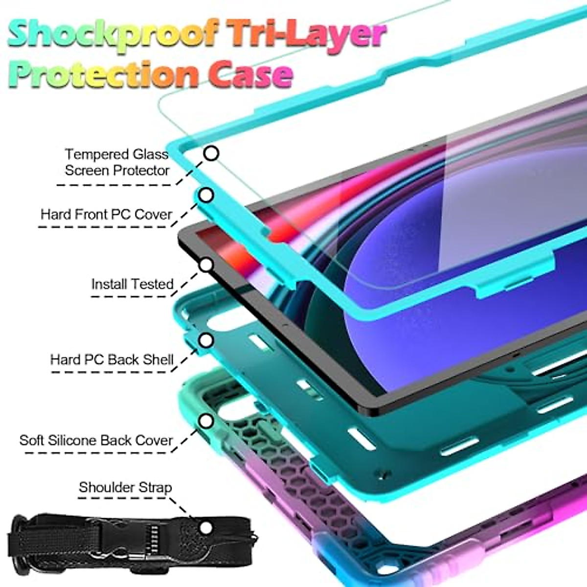 LTROP Protective Case for Samsung Galaxy Tab S9 Plus Case 2023 (SM-X810/ SM-X816B/ SM-X818U) 12.4 Inch, 9H Tempered Glass Screen Protector, S Pen Holder, Hand/Shoulder Strap & Kickstand, Aqua Teal