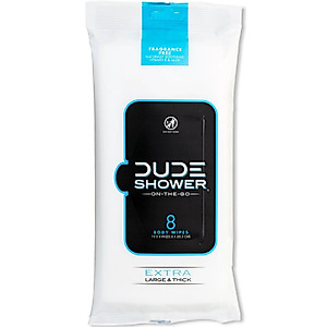 DUDE Wipes On-The-Go Shower Wipes - 1 Pack, 8 Wipes - Unscented Extra-Large Wipes with Vitamin E & Aloe - Full Body Shower Replacement Wipes