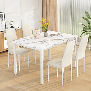 DKLGG Dining Table Set for 4, 5 Piece Kitchen Table Set with PU Leather Chairs Space-Saving Faux Marble Dining Room Table Set for 4 for Small Home Kitchen, Apartment
