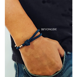 BIYONGDE Teal Blue Nautical Woven Friendship Rope Boho Bracelet Handmade Braided String Steel Charm Adjustable