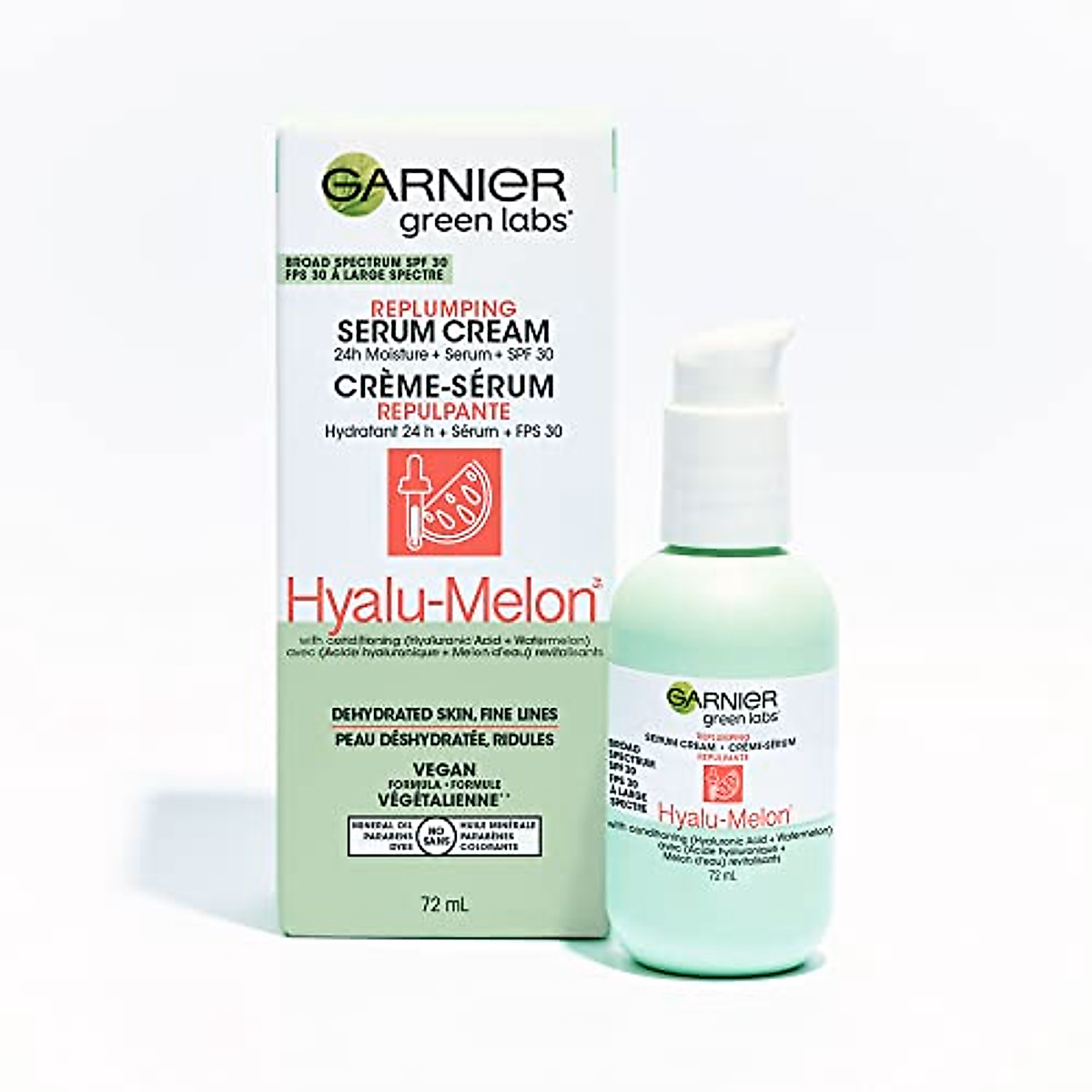 Garnier Green Labs Hyalu-Melon 3-in-1 Replumping Serum Cream with Hyaluronic Acid, 24h Moisture + Serum + SPF 30, 2.4 Fl Oz (72mL), 1 Count (Packaging May Vary)