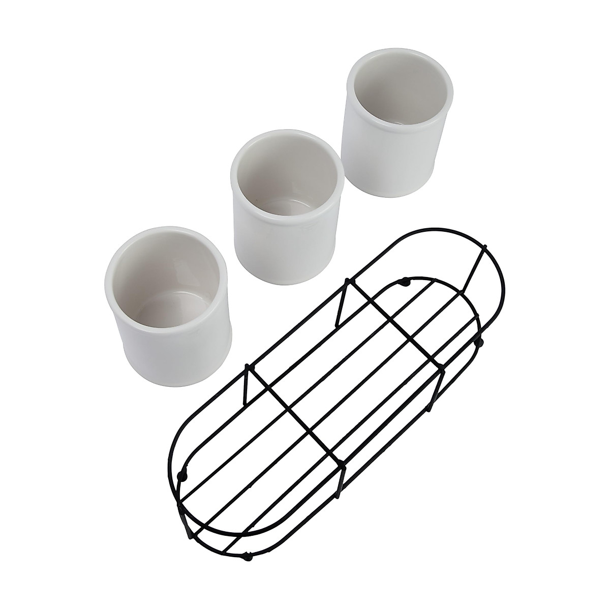 Creative Co-Op Farmhouse Ceramic Crocks in Metal Holder, White and Black