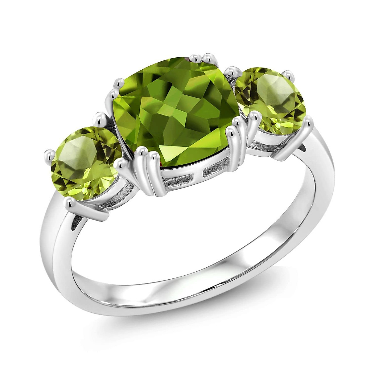 Gem Stone King 925 Sterling Silver Green Peridot 3 Stone Engagement Ring For Women (3.45 Cttw, Gemstone August Birthstone, Cushion 8MM, Size 7)