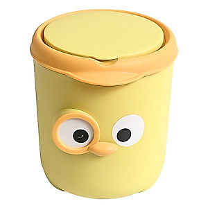 WOOXGEHM Plastic Mini Trash Can with Lid, Cute Cartoon Design, Small Desktop Trash Can for Home/Office/Kitchen/Dresser Desktop/Bedroom/Bathroom(Yellow)
