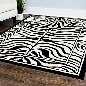 Champion Rugs Zebra Print Rug Contemporary Area Rugs Zebra Rugs Large Zebra Rugs for Living Room Animal Print Rug Black White (5' 3" X 7' 5")