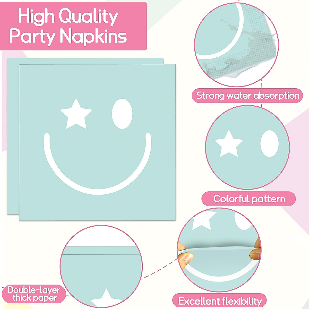 Justforjoyful 96Pcs Pastel Smile Face Party Decorations Paper Plates Napkin Preppy Smile Face Party Tableware Set Smile Face Dinnerware Supplies for Birthday Bachelorette Baby Shower Decor Serve 24