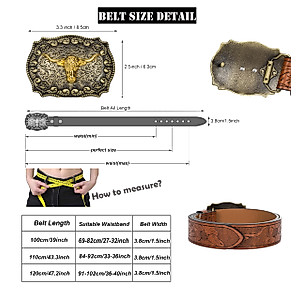 HinyBoeh Western-PU-Leather-Belts for Men and Women Cowboy-Cowgirl Longhorn-Bull-Pattern-Engraved-Buckle-Belt for Unisex