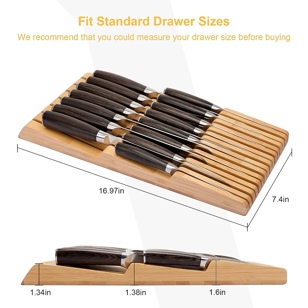 enowo Bamboo Knife Block Knife Drawer Organizer, Knife Holder for Kitchen Drawers Hold 15 Knives(Not included), Kitchen Knife Organizer Drawer Insert, Perfect for Home and Chefs