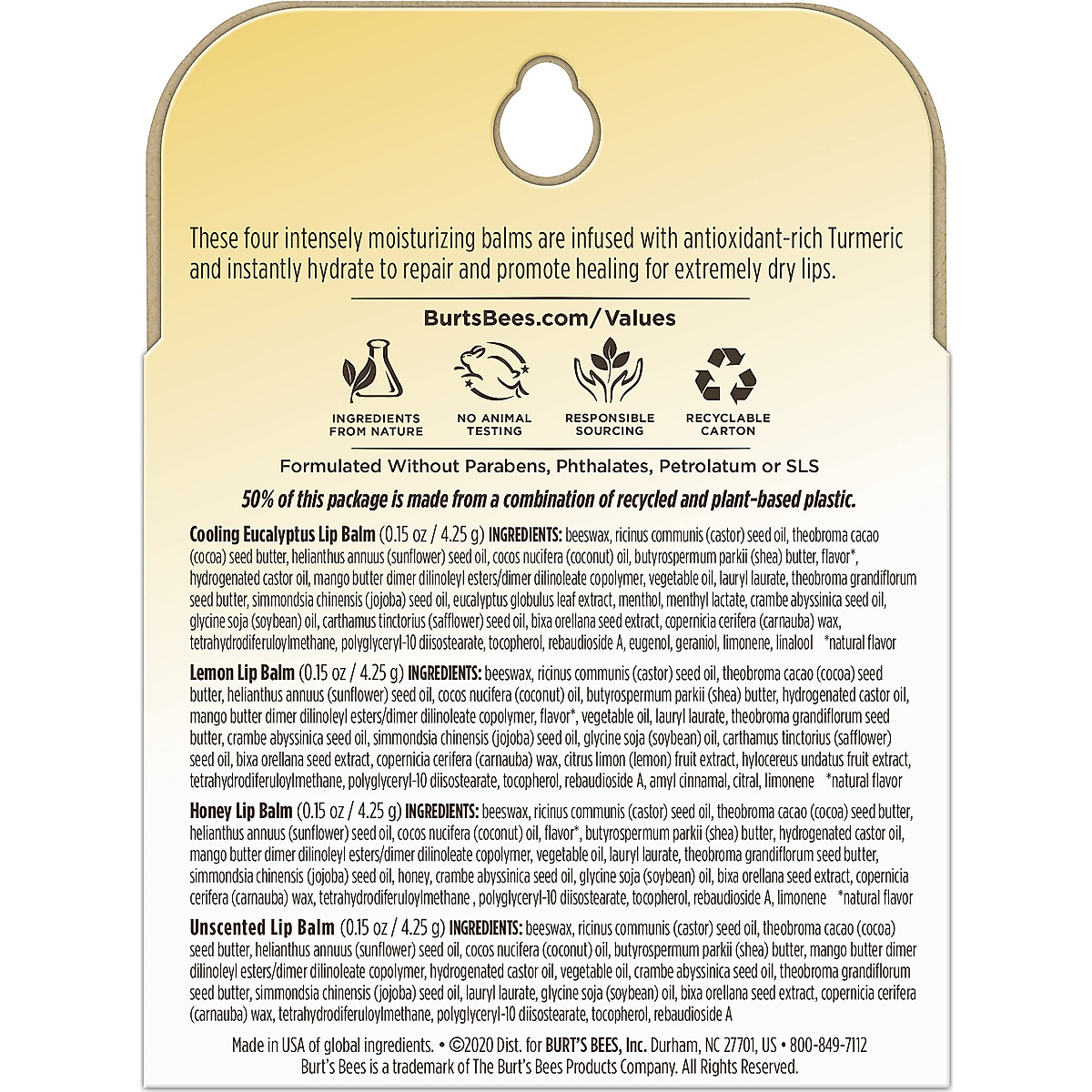 Burt's Bees 100% Natural Origin Rescue Lip Balm, Cooling Eucalyptus, Lemon, Honey, Unscented, 4 Tubes, Pack May Vary