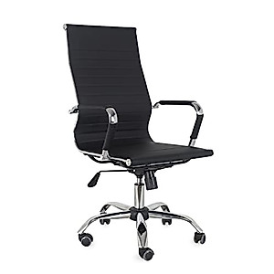 Comfty Mid Back and Chrome Base Ribbed Leather Swivel Office Chair, 40.55”-43.7”, Black