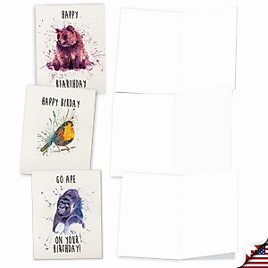 The Best Card Company - 10 Blank Happy Birthday Note Cards - Assorted Bulk Cute Humorous Animal Pun Birthday Greeting Cards Boxed Set (4 x 5.12 Inch) - Wildlife Expressions M2954BDB