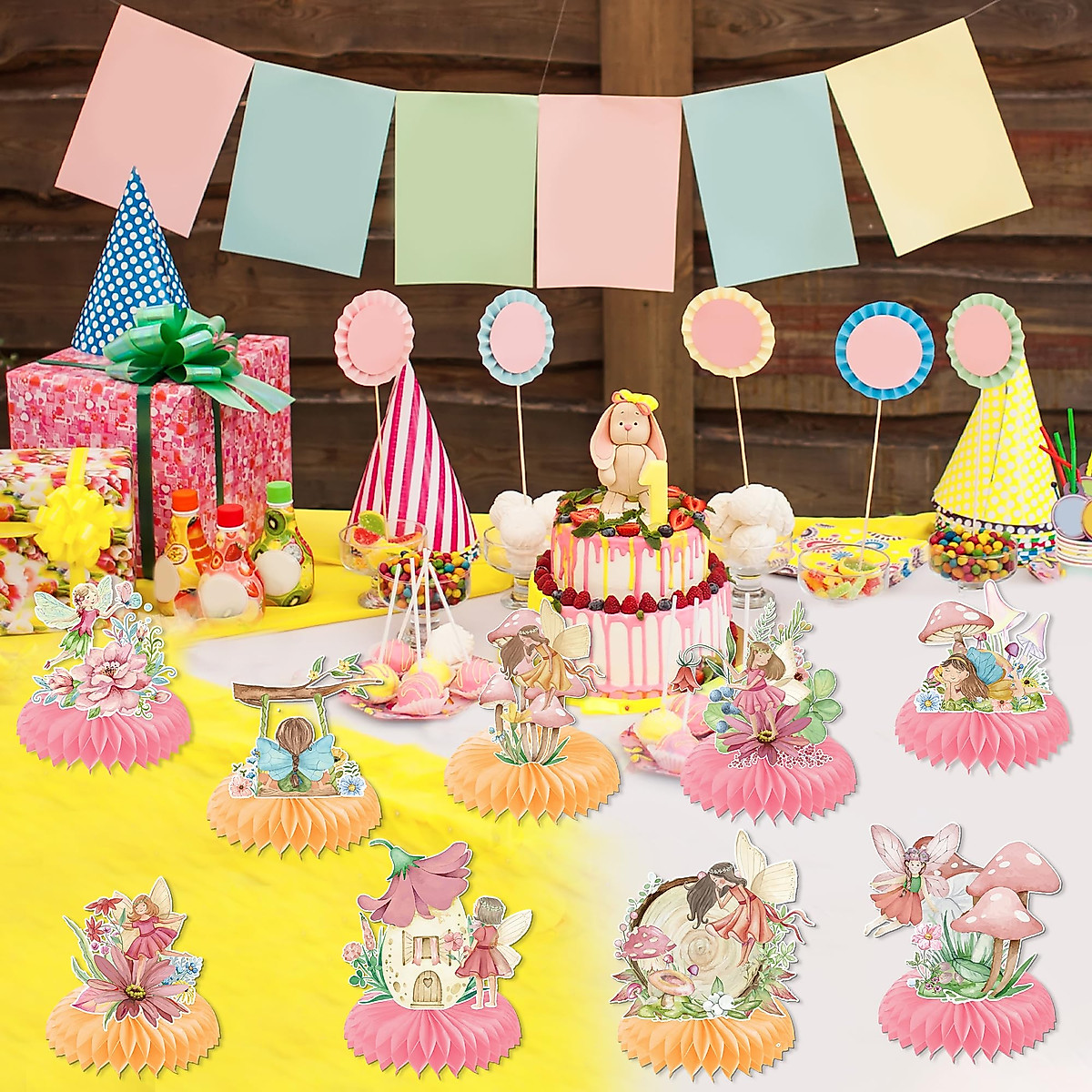 Fairy Honeycomb Centerpieces Birthday Decorations - 9PCS Fairy Party Centerpieces for Table, Butterfly Flower Fairies Theme Party Decorations, My Fairy First Birthday Baby Shower Supplies