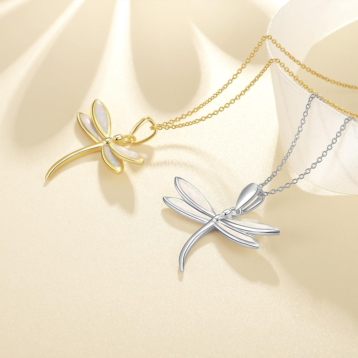 FANCIME Yellow Gold Plated Sterling Silver Opal Dragonfly Necklace Long Chain Charm Dainty Pendant October Birthstone Jewelry for Women 16"+2"