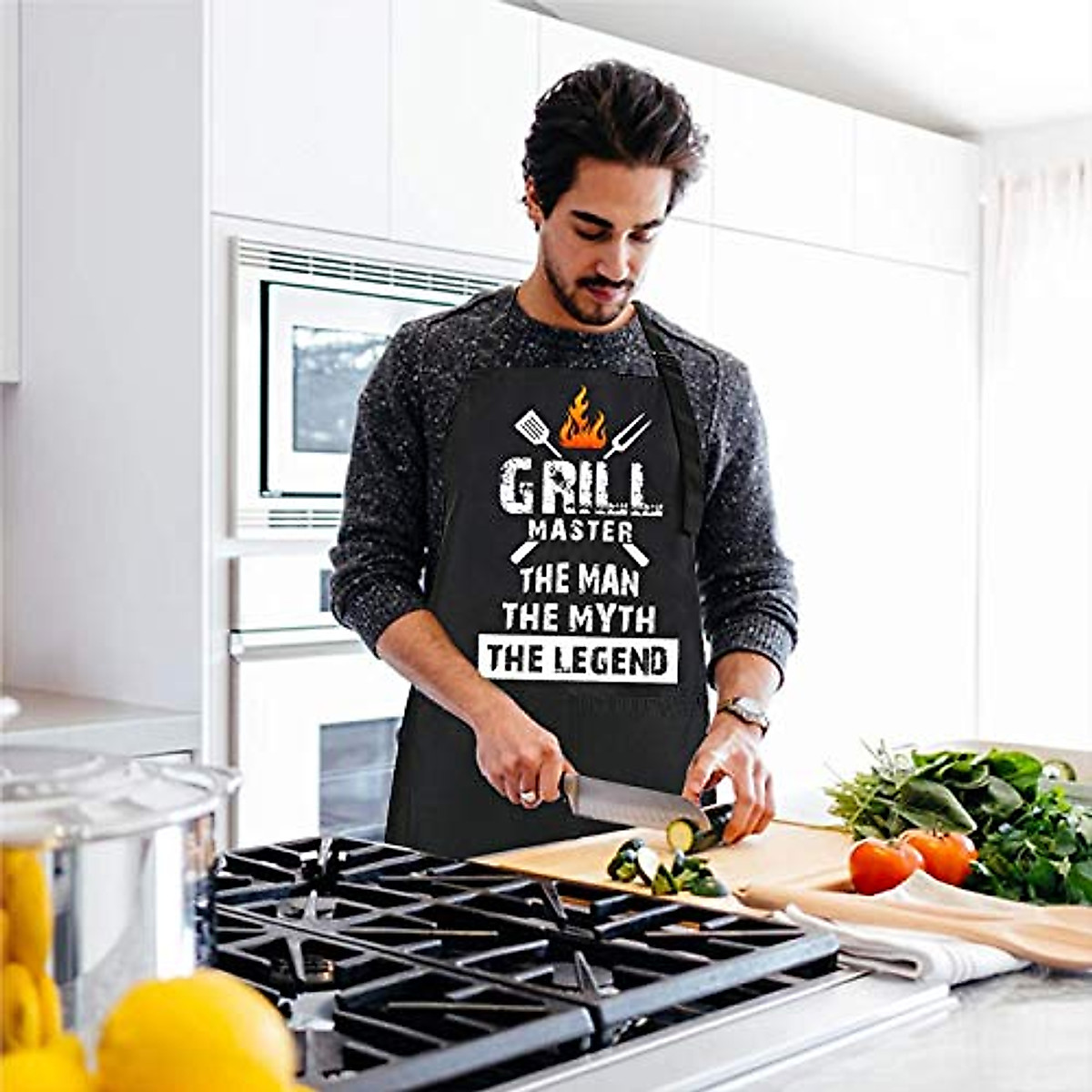 Rosoz Funny BBQ Black Chef Aprons for Men, Grill Master, Adjustable Kitchen Cooking Aprons with Pocket Waterproof Oil Proof Father’s Day/Birthday